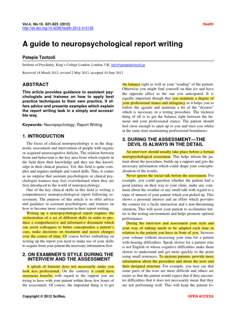 A Guide To Neuropsychological Report Writing | Download Free PDF ...