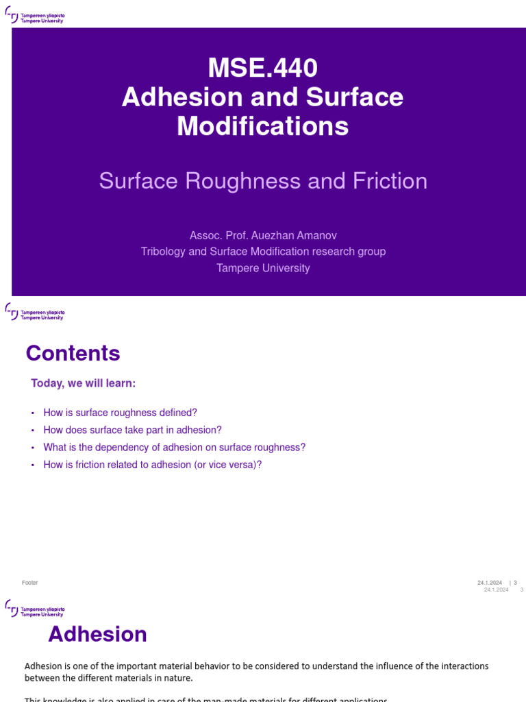 Lec 3 - Adhesion and Surface Modification | PDF | Friction | Adhesion