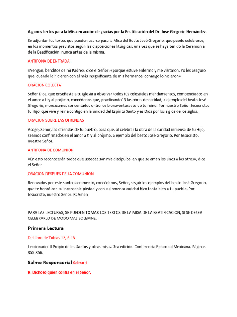 Textos para La Misa Del Beato Jose Gregorio Hernandez | PDF ...