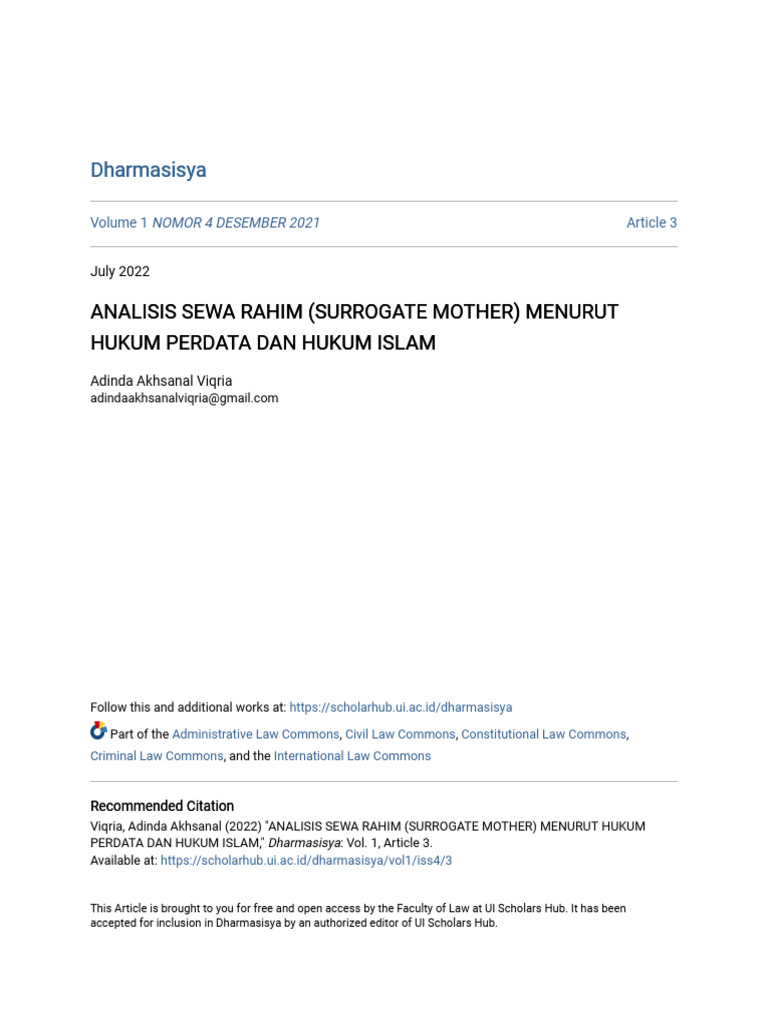 Analisis Sewa Rahim (Surrogate Mother) Menurut Hukum Perdata Dan | PDF