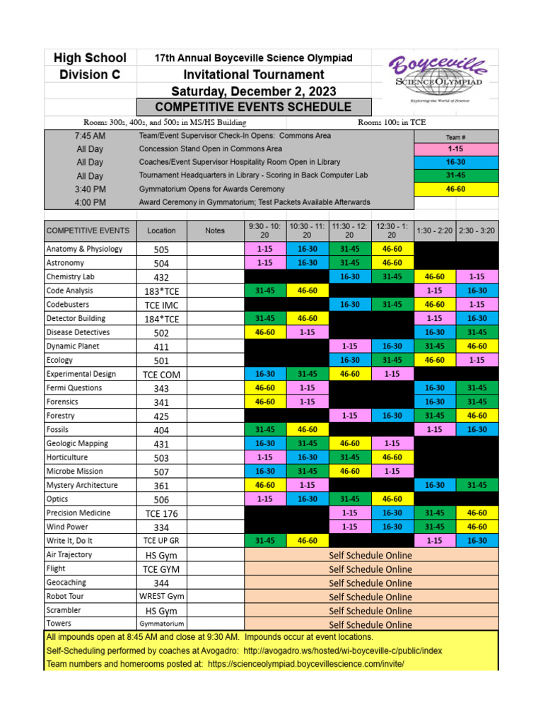 Boyceville Science Olympiad 2023 Schedule | PDF | Science