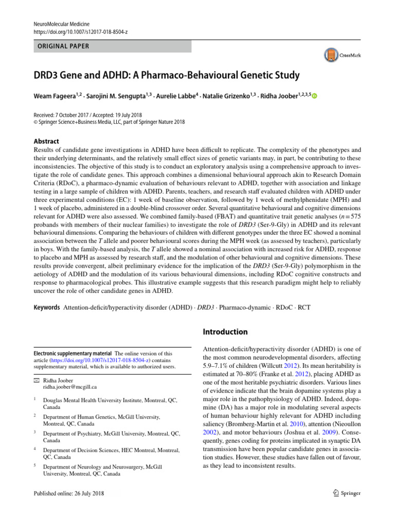 DRD3 Gene and ADHD A Pharmaco - Behavioural Genetic Study | PDF | Attention Deficit ...