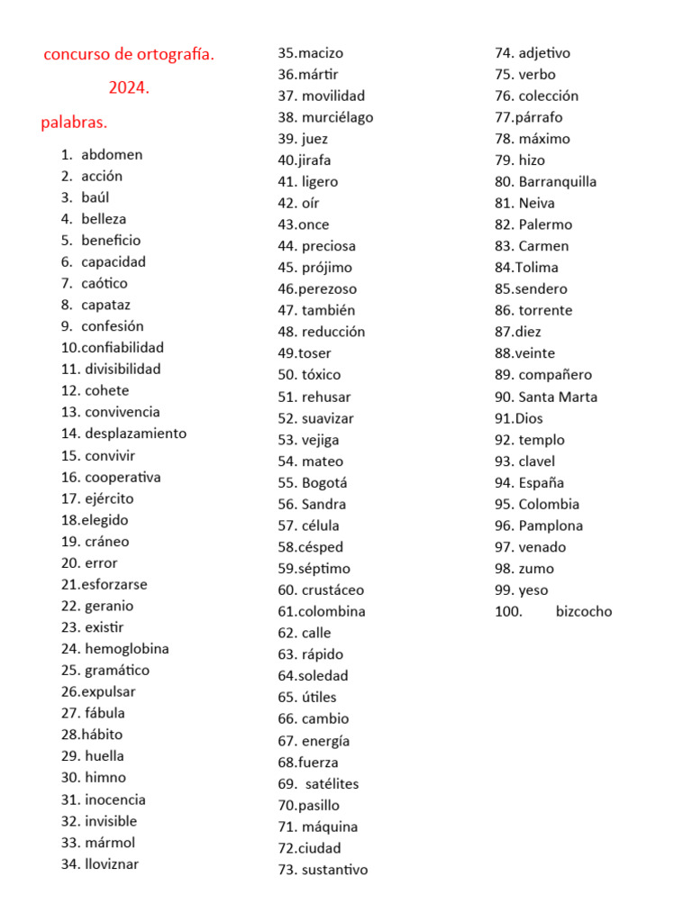 Palabras Concurso de Ortografía | PDF