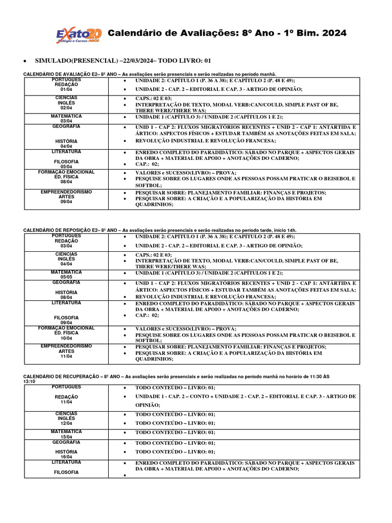 Calendário 8º Ano A e B E2, Rep e Rec-1 - 240323 - 132023 | PDF | Livros