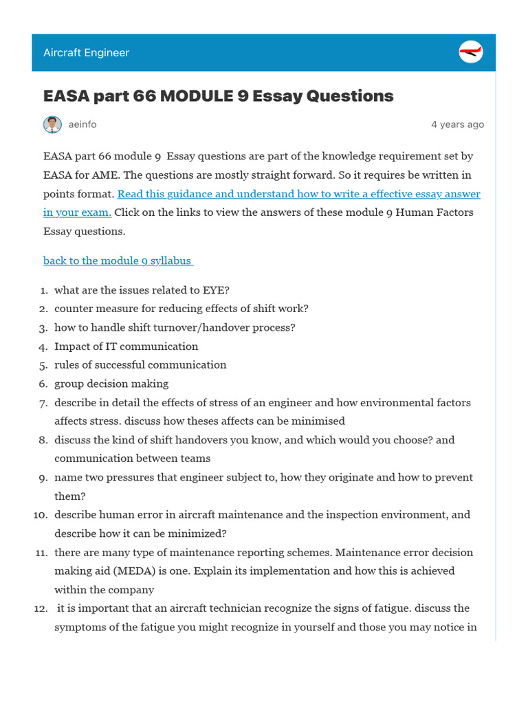 EASA Part 66 Module 9 Essay Questions - Human Factors Essay Questions ...