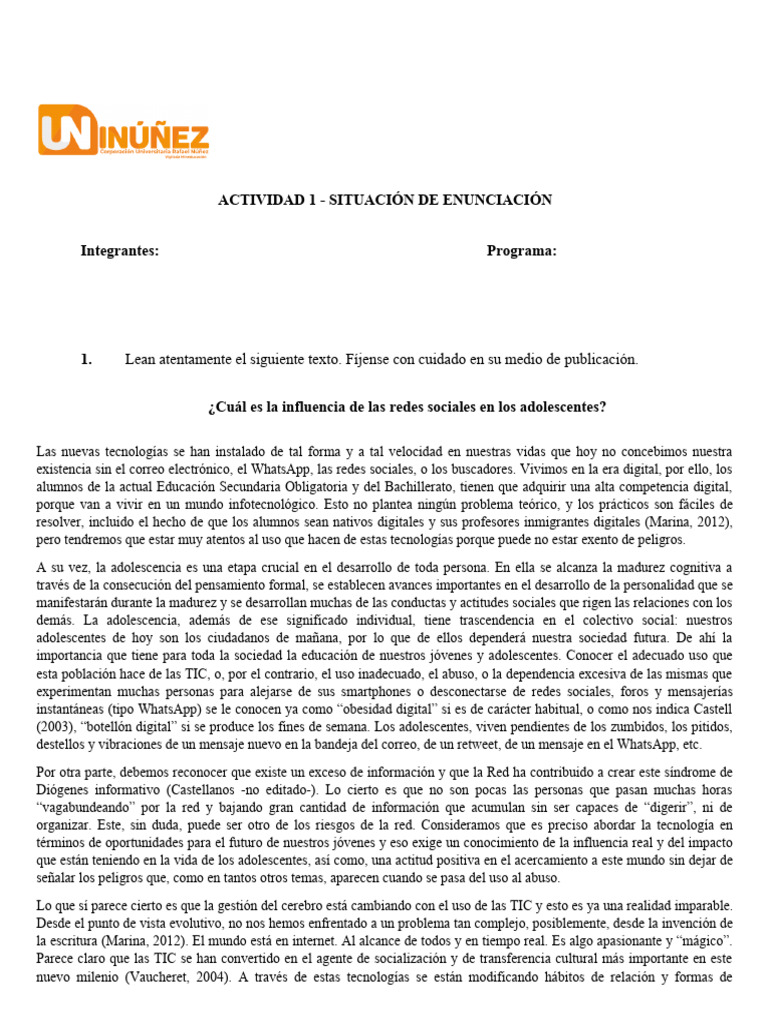 Actividad N°1 - Enunciación | PDF | Tecnología de información y comunicaciones | Adolescencia