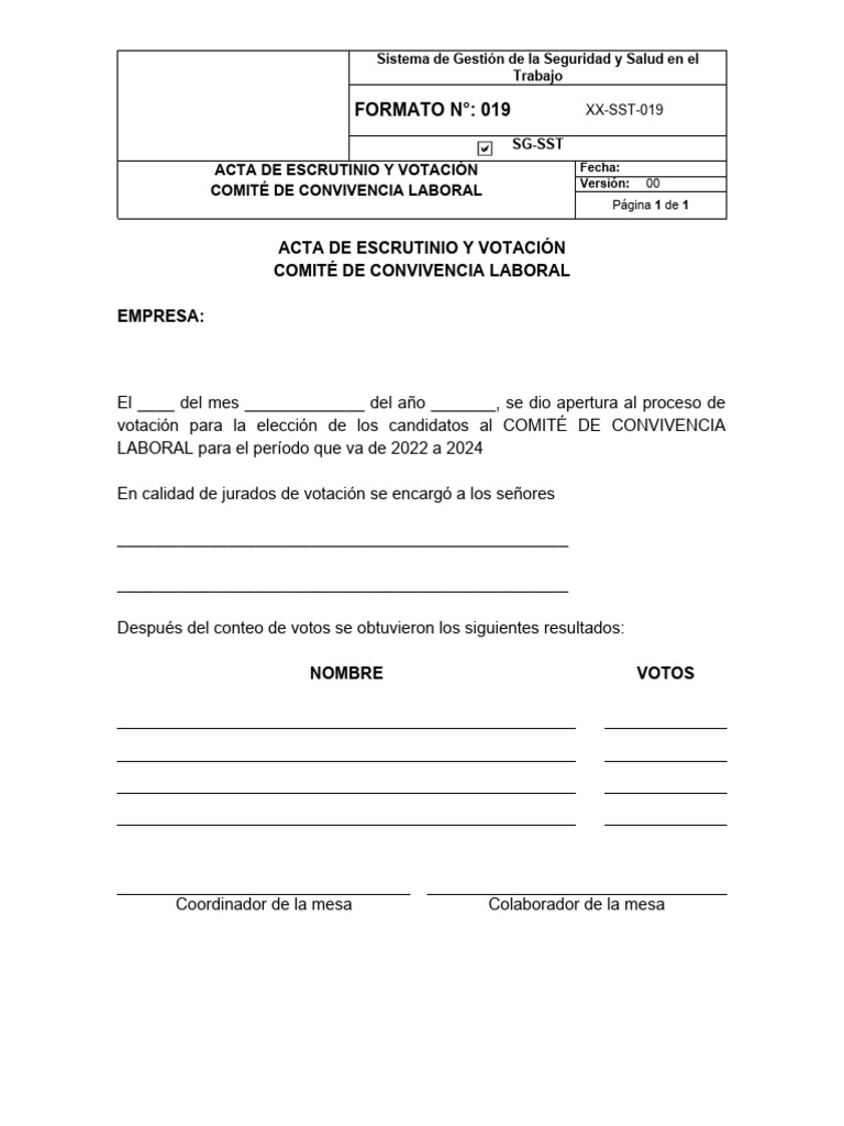 FT-SST-019 Formato de Acta de Escrutinio y Votación del Comité de Convivencia Laboral | PDF