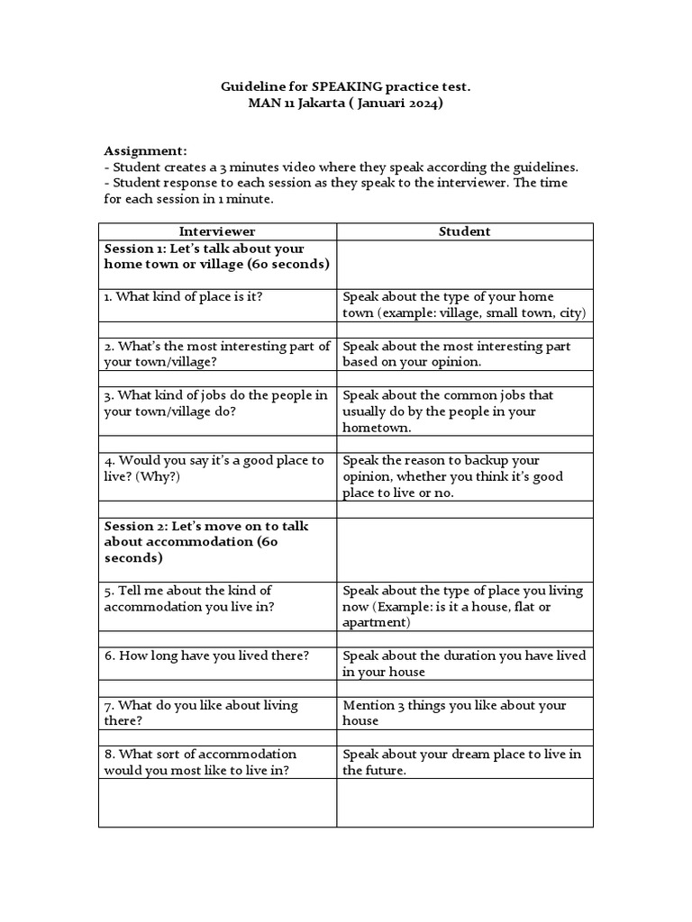 Guideline For SPEAKING Practice Test | PDF