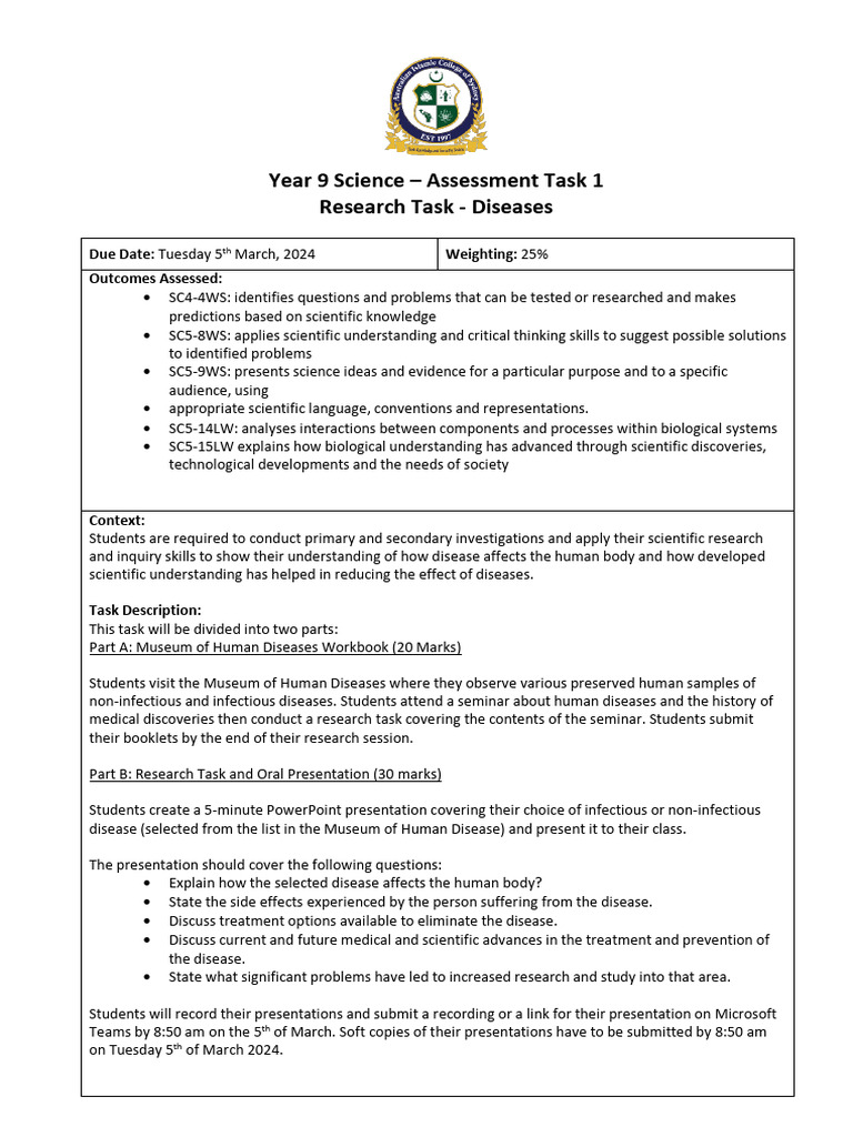 2024 Year 9 Assessment Task 1 Notification and Marking Criteria | PDF ...