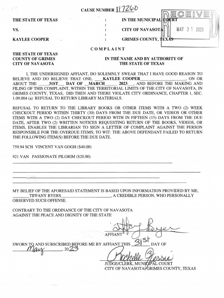 Court documents for library fine and warrant for arrest | PDF