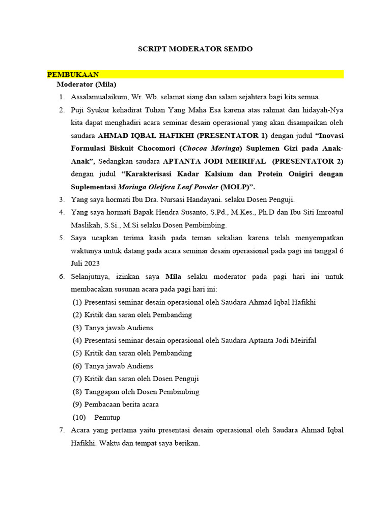 Skrip Moderator seminar proposal | PDF
