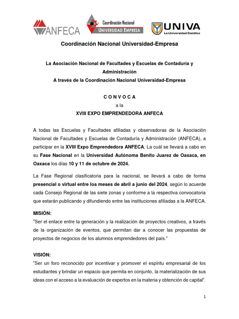 Convocatoria Anfeca 2024 | PDF | Presupuesto | Iniciativa empresarial