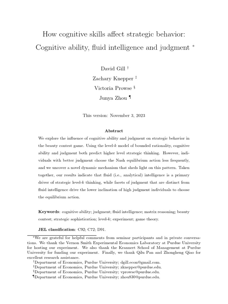 How Cognitive Skills Affect Strategic Behavior: Cognitive Ability ...