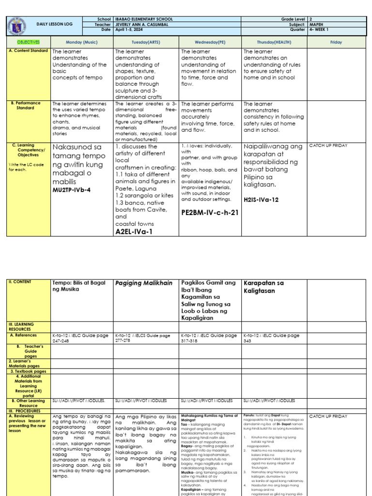 2024 Q4 WEEK1 DLL MAPEH | PDF