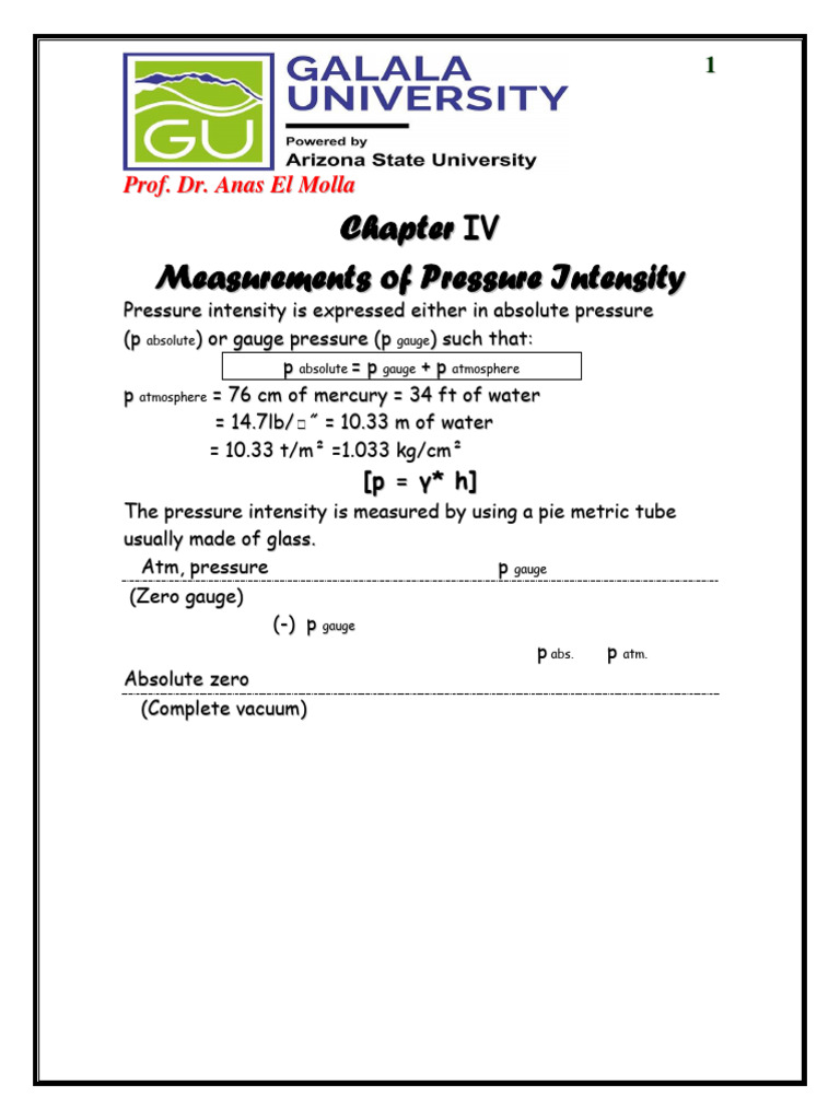 Fluid Mechanics - Chapter 4 | PDF | Pressure | Pressure Measurement