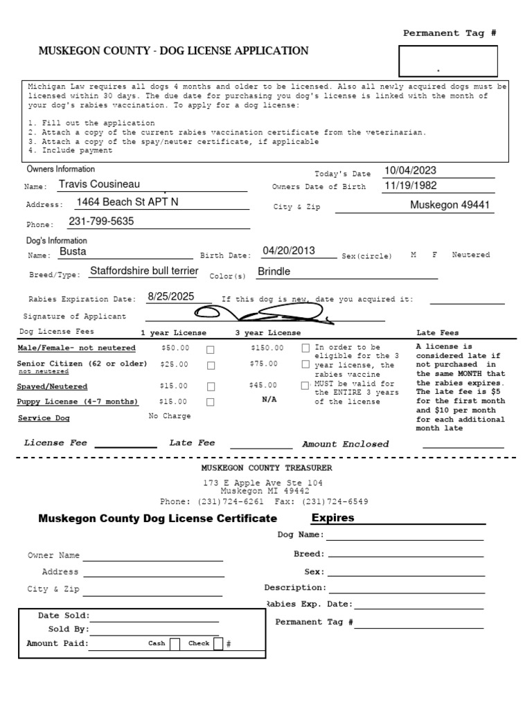 Muskegon County Dog License Application | PDF | Dogs | Neutering