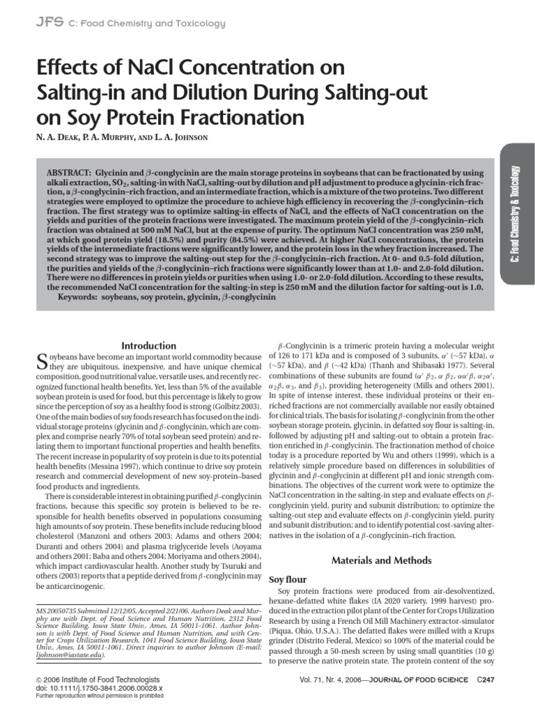 Effects of NaCl Concentration onSalting-in and Dilution During Salting-outon Soy Protein ...