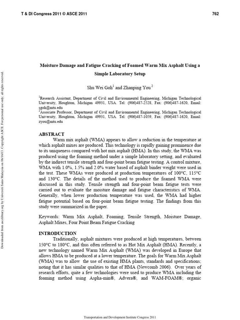 Moisture Damage and Fatigue Cracking of Foamed Warm Mix Asphalt Using A ...