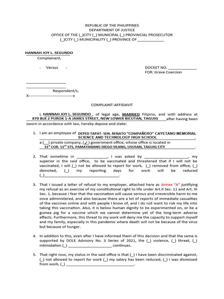 Complaint-Affidavit for Grave Coercion | PDF | Justice | Crime & Violence