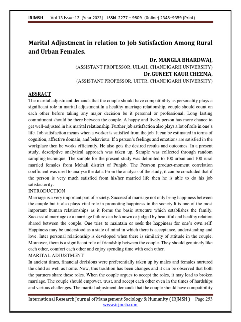 Marital Adjustment in Relation To Job Sa | PDF | Job Satisfaction ...