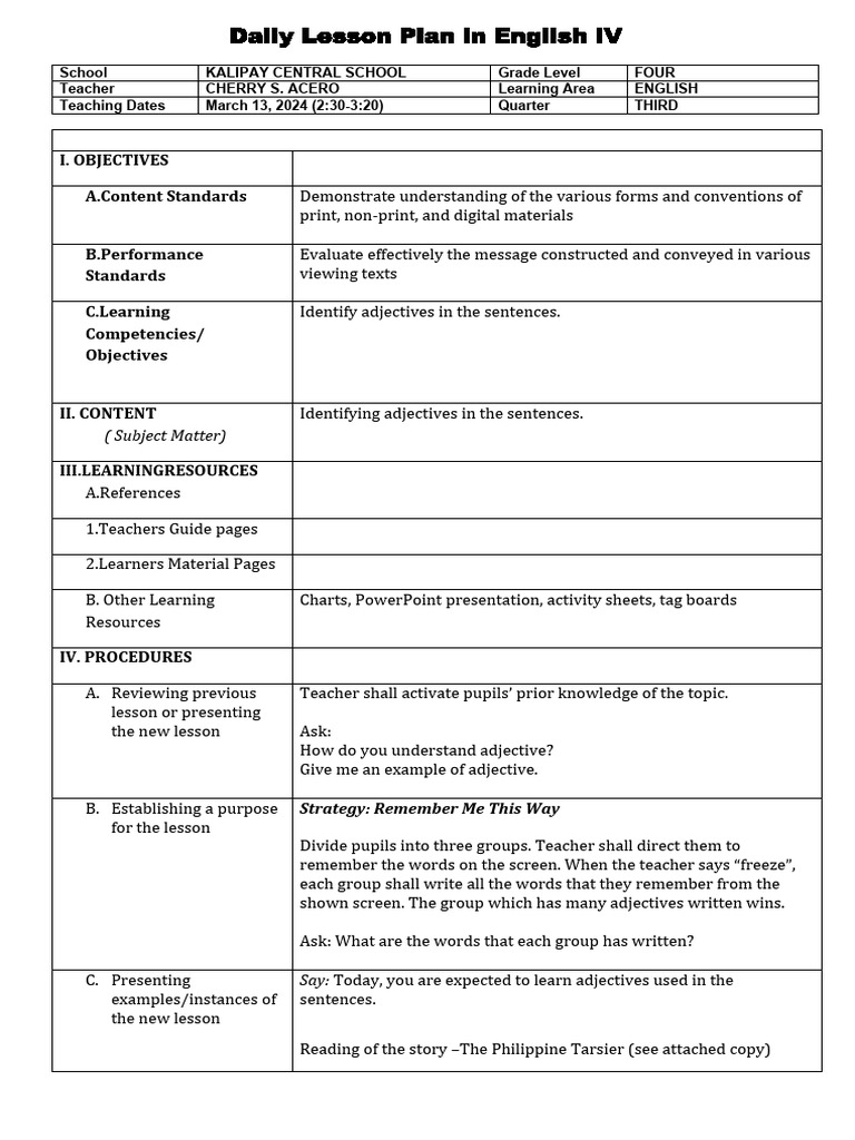 3RD COT Chepie English 4 LP | PDF | Teachers | Learning