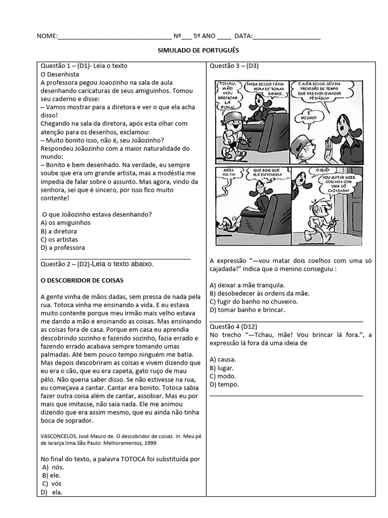 SIMULADO 5 Portugues 5 Ano Gabarito | PDF