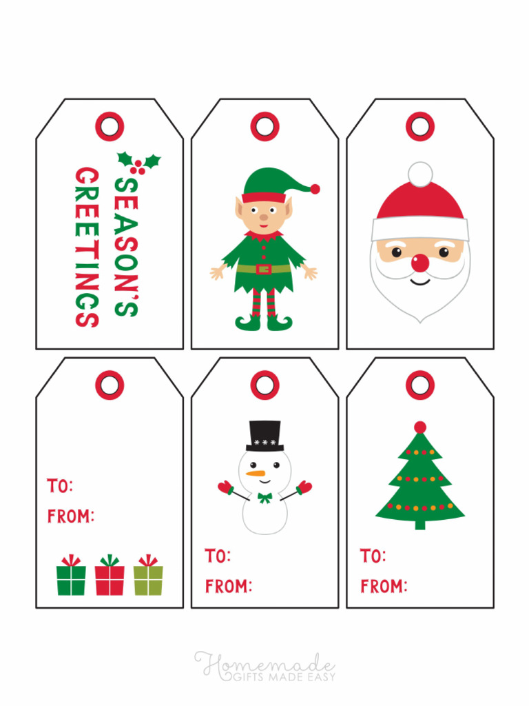 Printable Christmas Tags Red Green Clipart Style Snowman Tree Elf Santa ...