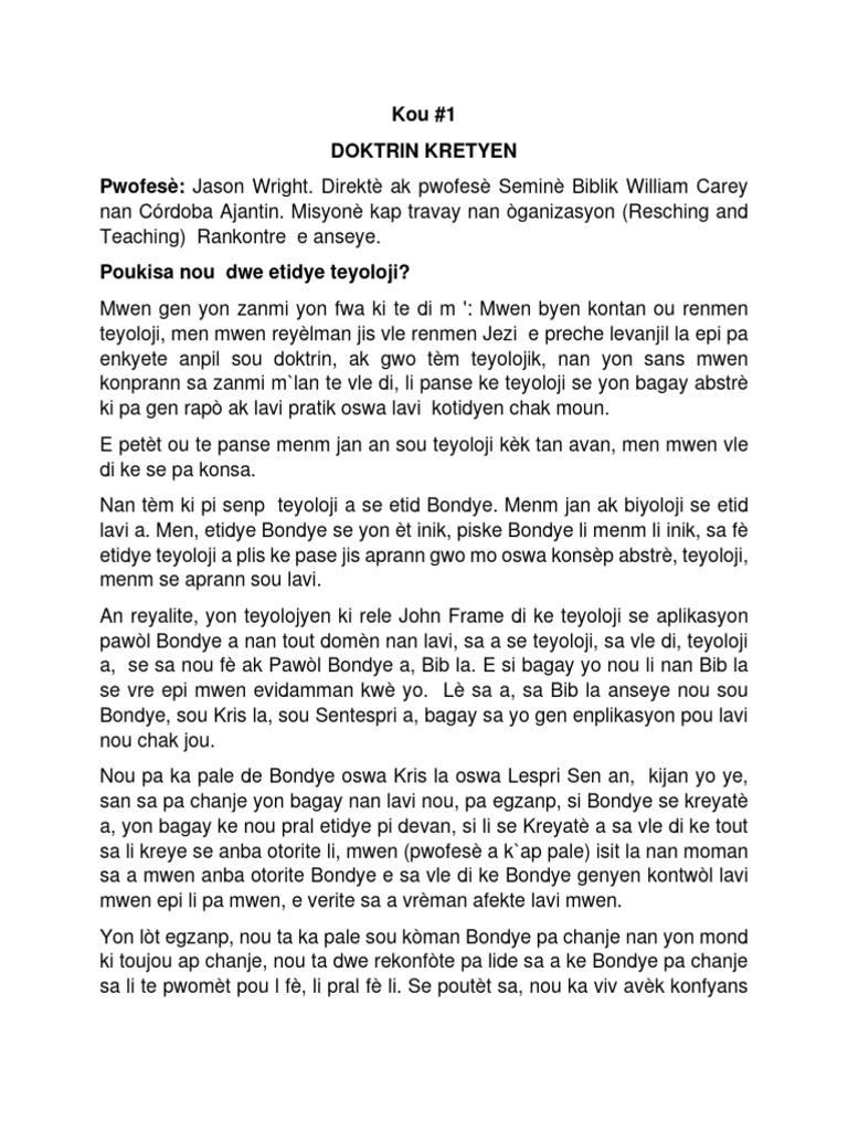 Kou 1 Dotrin Kretyèn. Poukisa Nou Dwe Etidye Teyolojia A | PDF