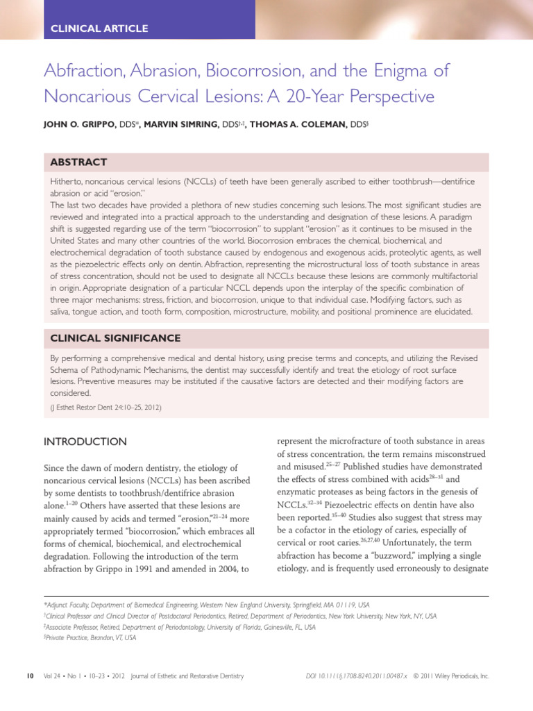 Abfraction, Abrasion, Biocorrosion, and The Enigma of Noncarious ...