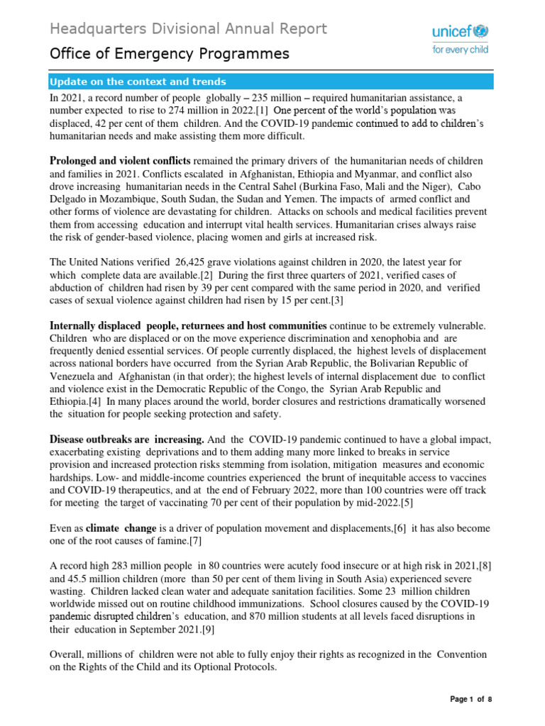 UNICEF HEADQUARTERS DIVISIONAL ANNUAL REPORT (2021) FOR THE OFFICE OF EMERGENCY PROGRAMMES ...
