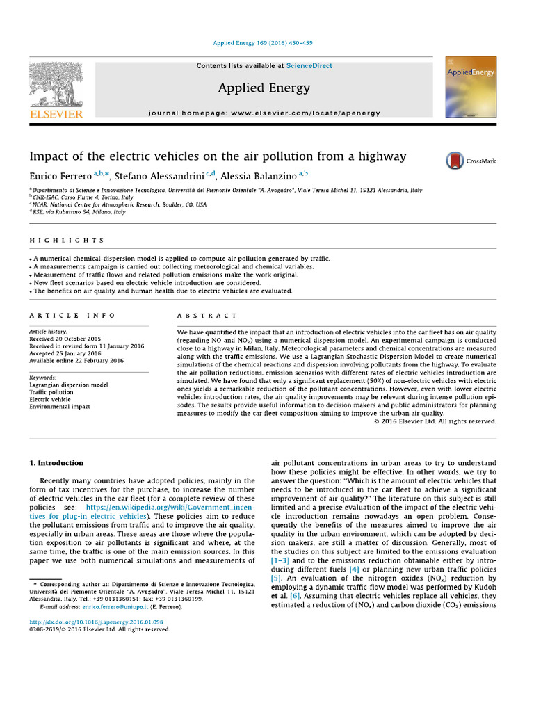 Impact of The Electric Vehicles On The Air Pollution From A Highway | PDF
