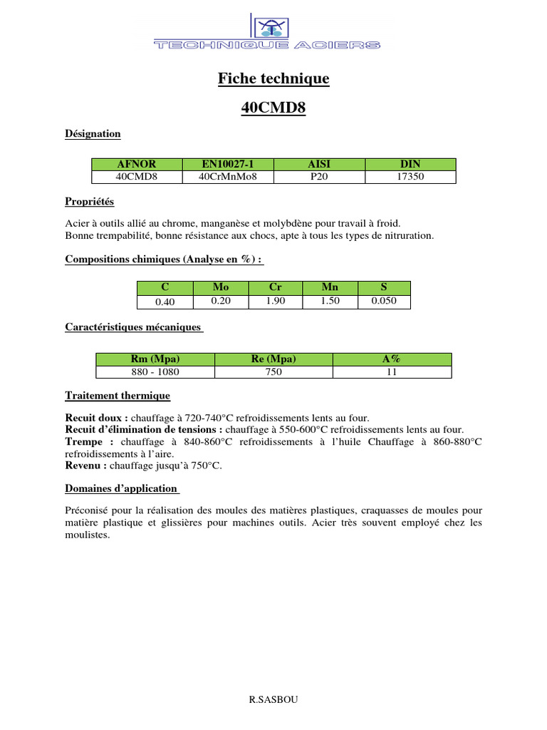 Fiche technique de l'acier 40CMD8 | PDF