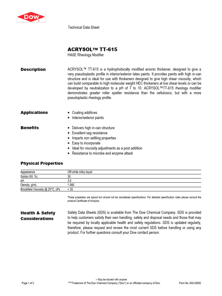 Acrysoltm TT-615 | Download Free PDF | Rheology | Paint