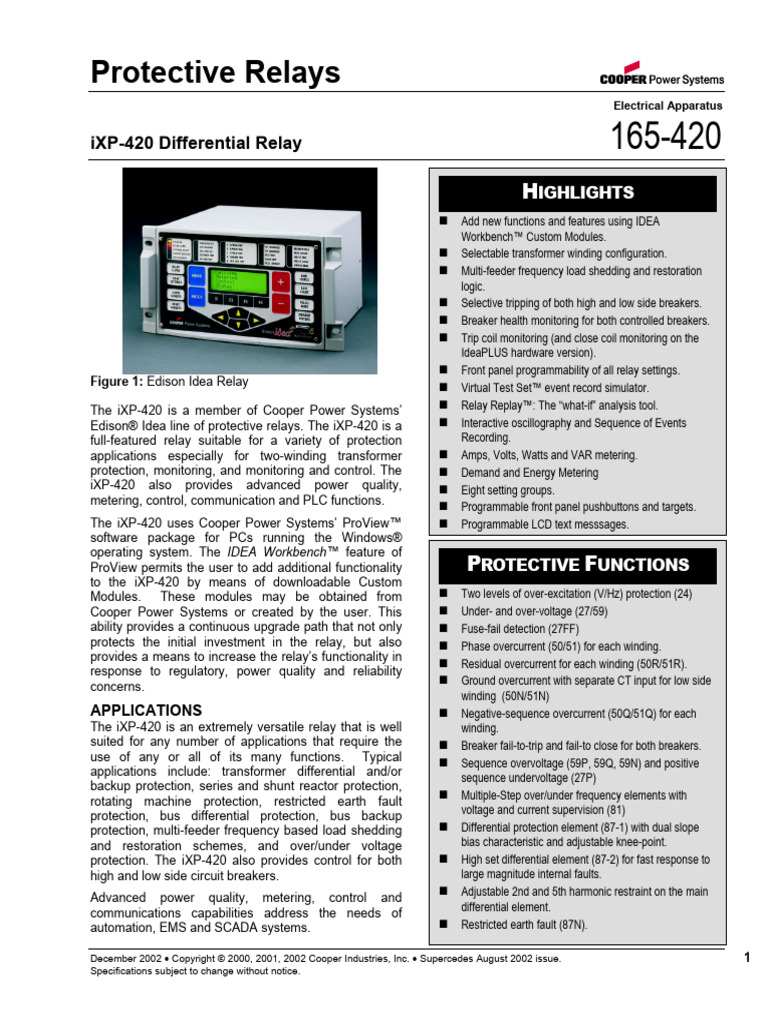 Cooper Edison Idea iXP-420 Differential Relay | PDF | Relay | Computer Engineering