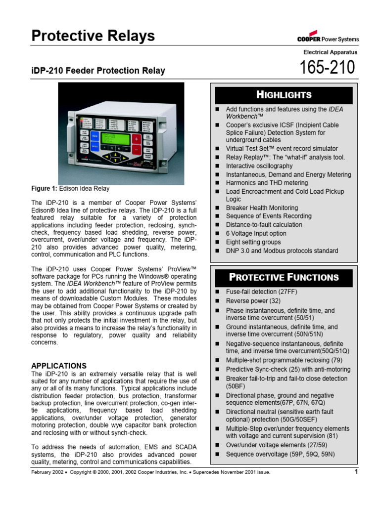 Cooper Edison Idea Plus iDP-210 Feeder Protection Relay (Overcurrent ...