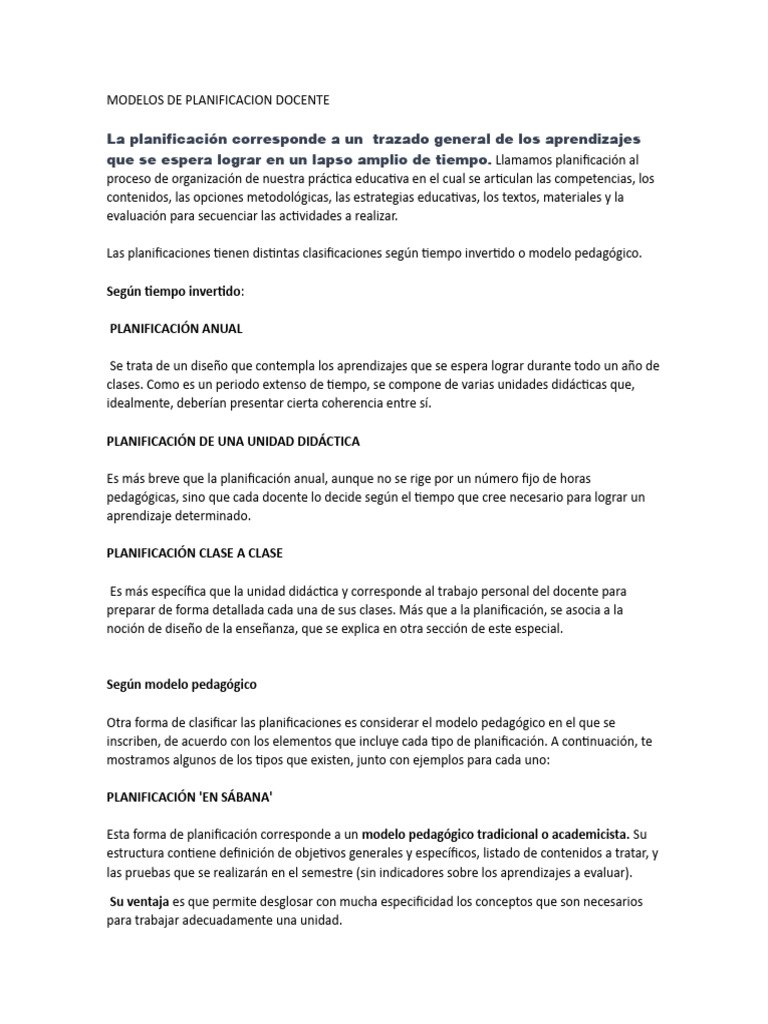 MODELOS DE PLANIFICACION DOCENTE | PDF | Enseñando | Planificación