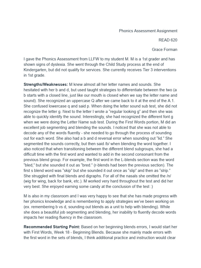 Read 620 Phonics Assessment Reflection | PDF | Phonics | Learning