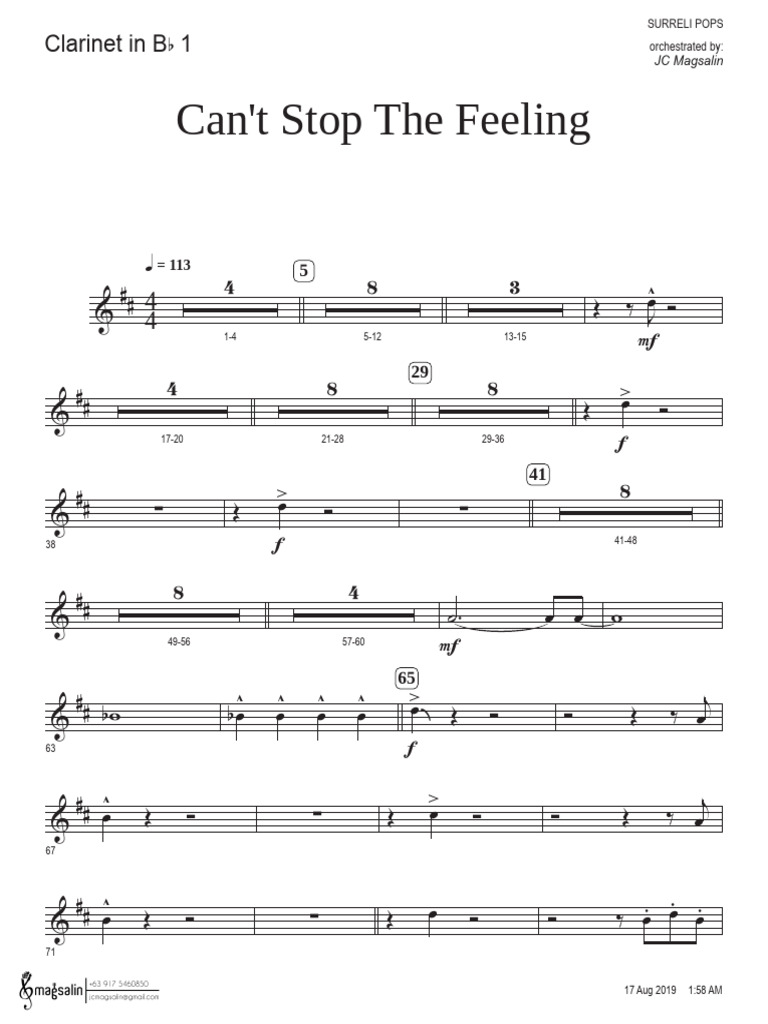 Cant Stop The Feeling (DLSU POPS) - Clarinet in BB 1 | PDF