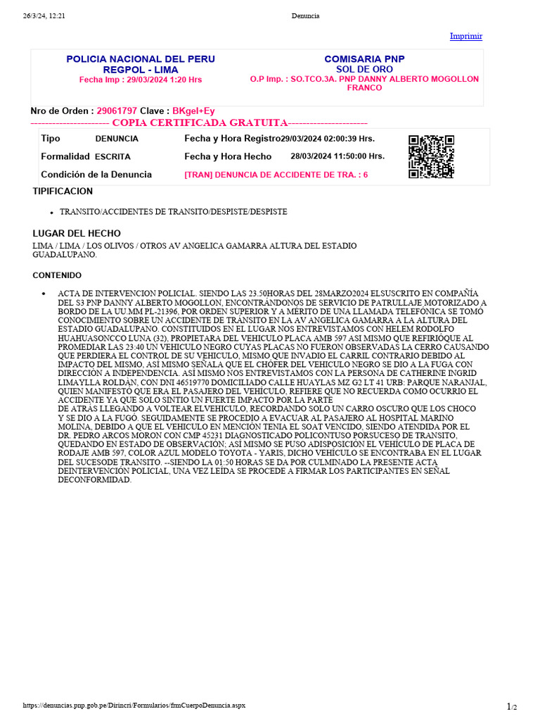 Denuncia Transito | PDF | Cumplimiento de la ley | Crimen y violencia