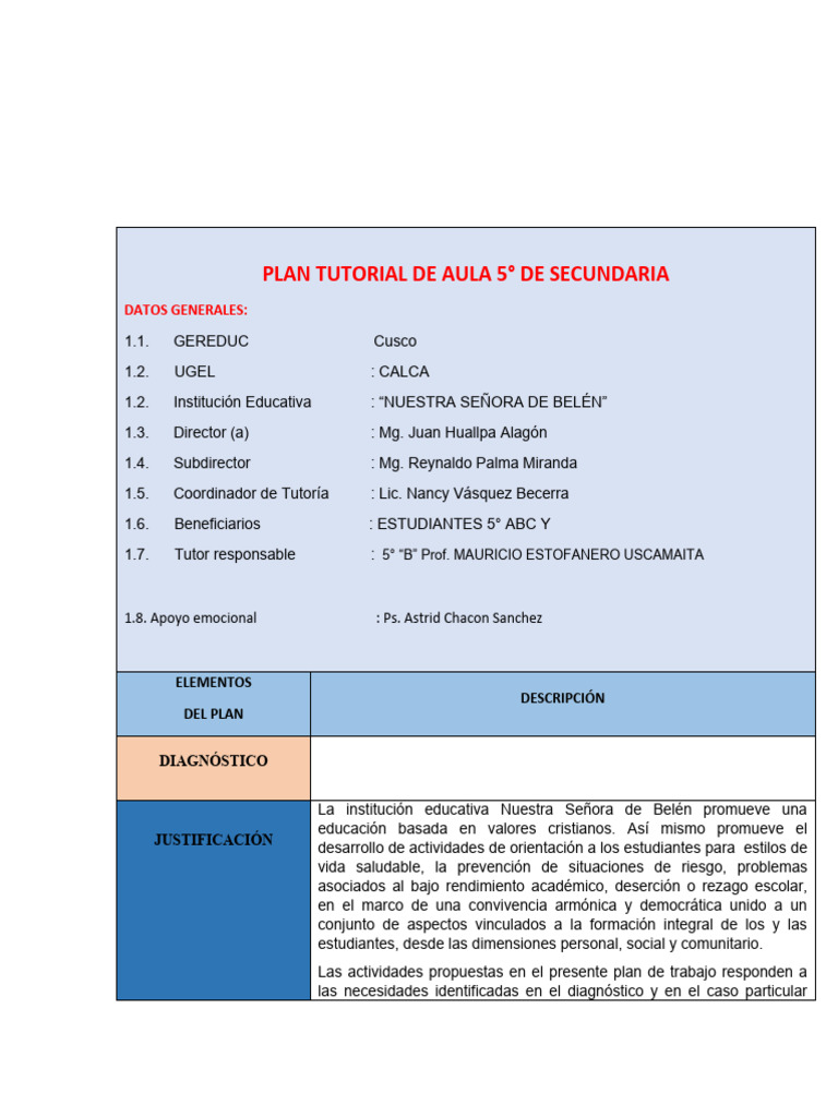 5C Plan Tutorial de Aula | Descargar gratis PDF | Evaluación | Maestros