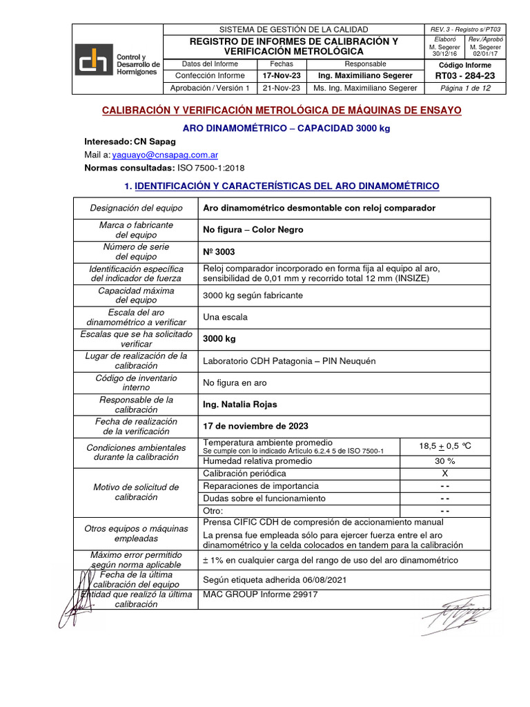 RT03-284-23 - Calibracion Aro 3000 KG CN Sapag | PDF | Calibración ...