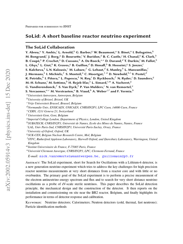 SoLid: A Short Baseline Reactor Neutrino Experiment | PDF | Neutrino | Neutron