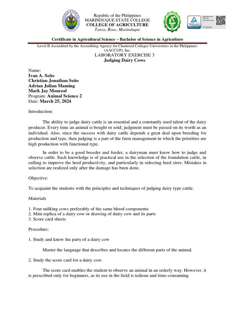 Laboratory Exercise 3 | PDF | Dairy Cattle | Cattle