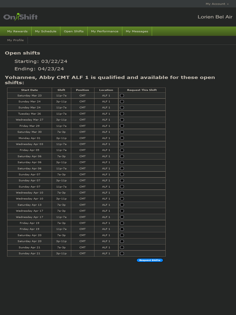 Available Shifts for Yohannes, Abby CMT ALF 1 Fro… | PDF