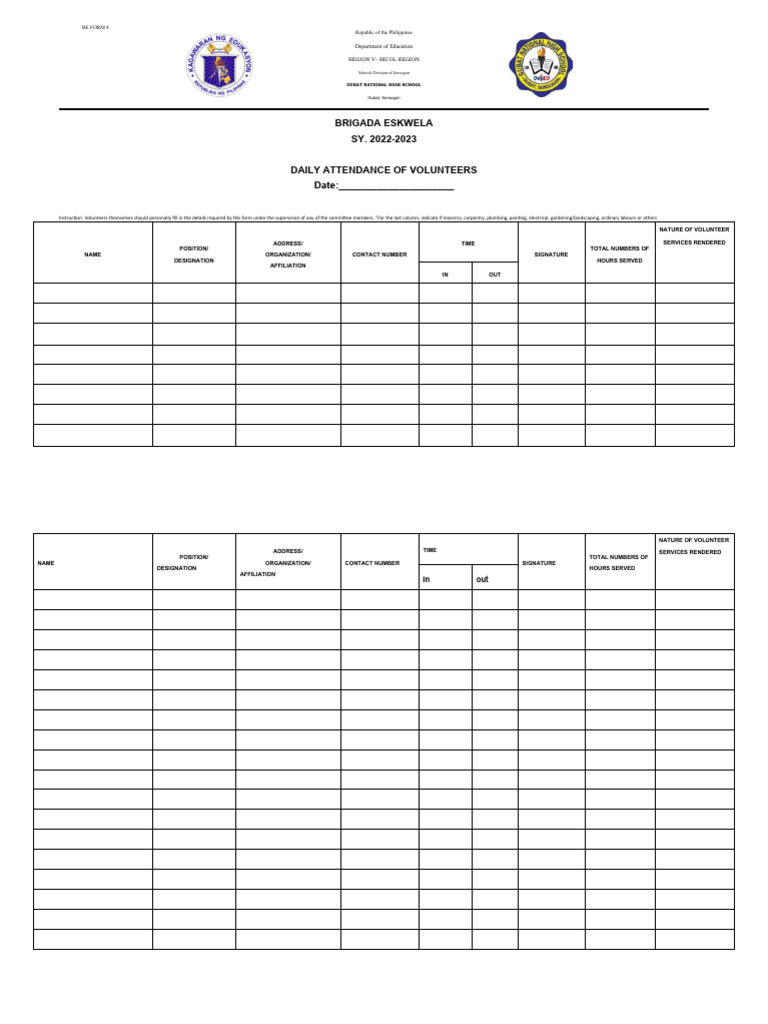 Brigada Eskwela Form 4 Daily Attendance of Volunteer | PDF