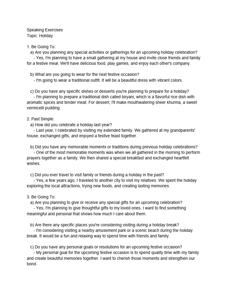 Holiday Speaking Exercises Guide | PDF | Cooking | Cuisine