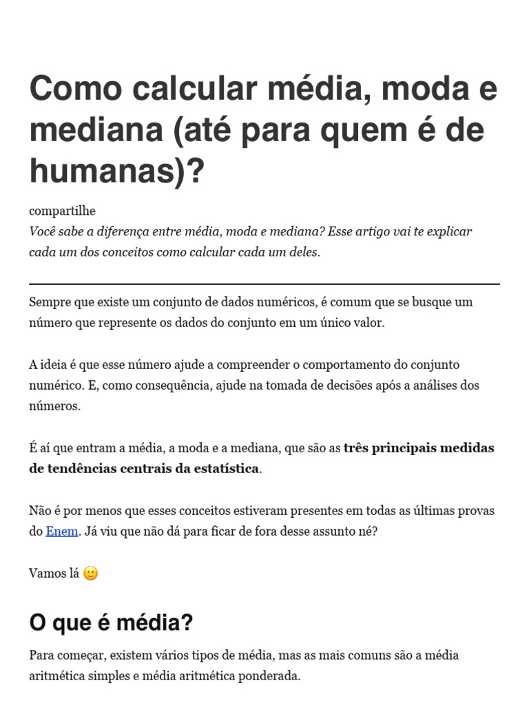 Como Calcular Média, Moda e Mediana | PDF | Média | Mediana (Estatística)