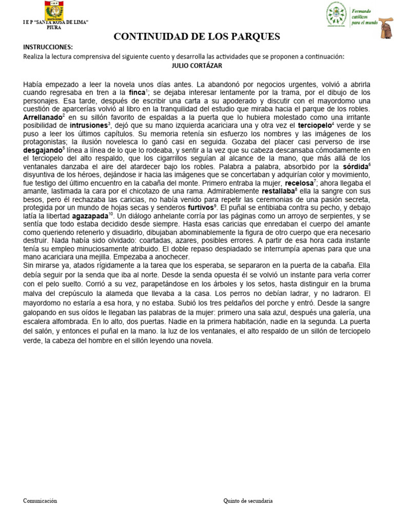 Taller de Lectura Continuidad de Los Parques 5° Sec. I Bim. 2024 | PDF