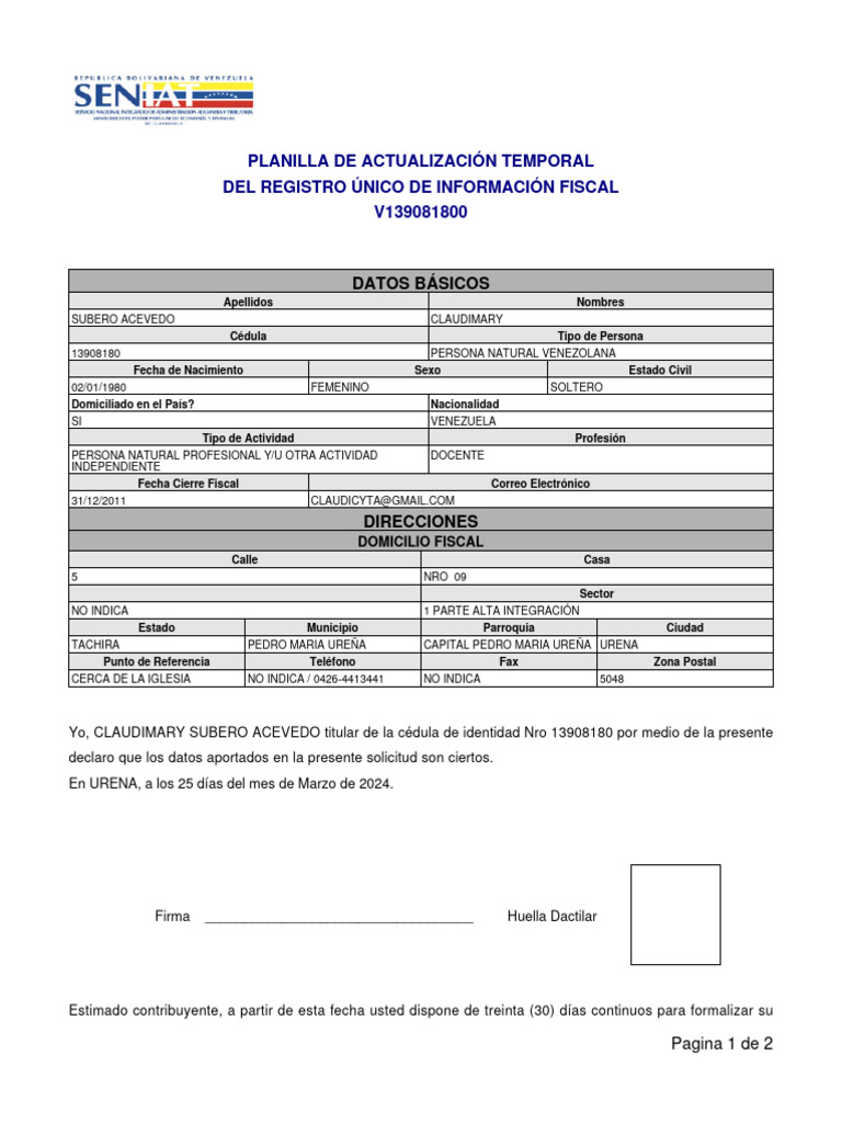 Planilla de Actualización Temporal Del Registro Único de Información ...