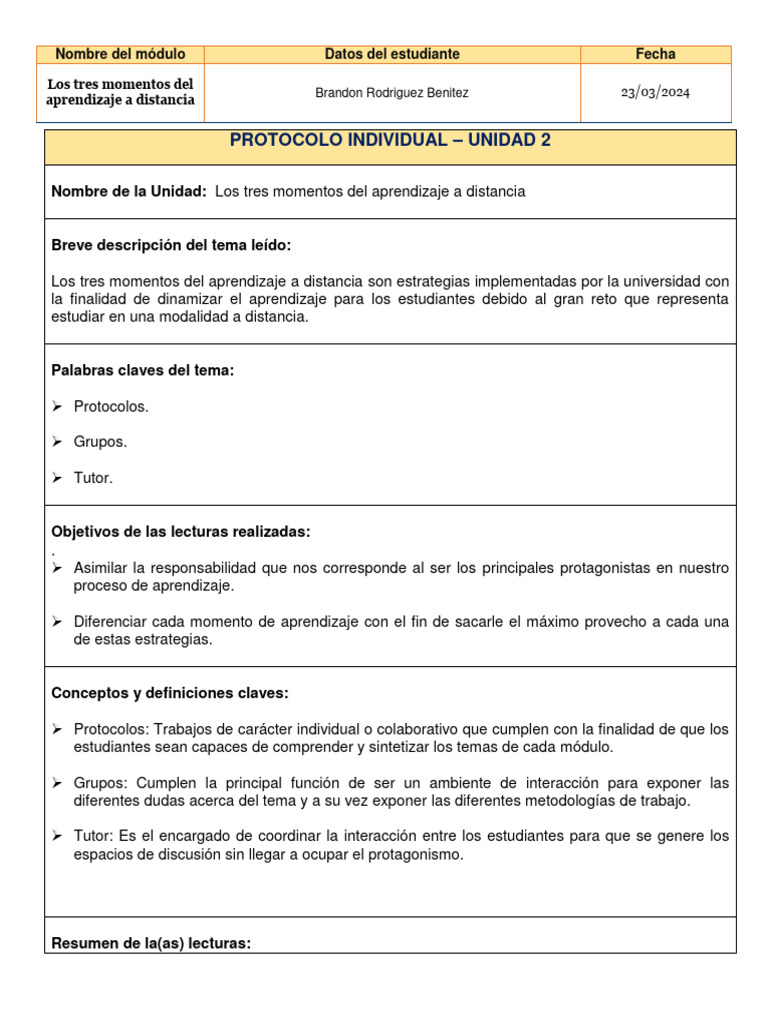 PROTOCOLO INDIVIDUAL | PDF | Aprendizaje | Educación a distancia